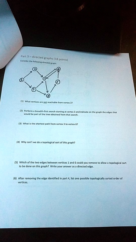 SOLVED: Part 3-directed graphs(18points) Consider the following directed graph 1What vertices ...