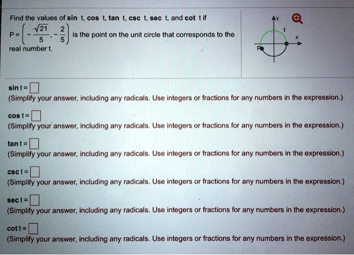SOLVED: Find the values of sin cos tan Csc sec and cot t if V21 P= is the point on the unit ...