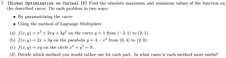 Solved 7 [global Optimization On Curves] [p] Find The Absolute