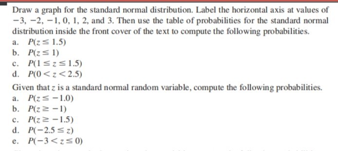 Draw a graph for the standard normal distribution. Label the horizontal axis at values of -3,-2 ...