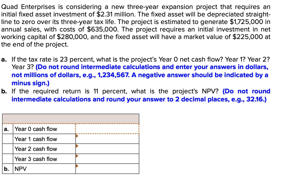 SOLVED: Quad Enterprises is considering a new three-year expansion ...