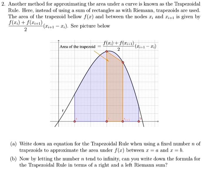another method for approximating the area under curve is known as the trapezoidal rule here ...