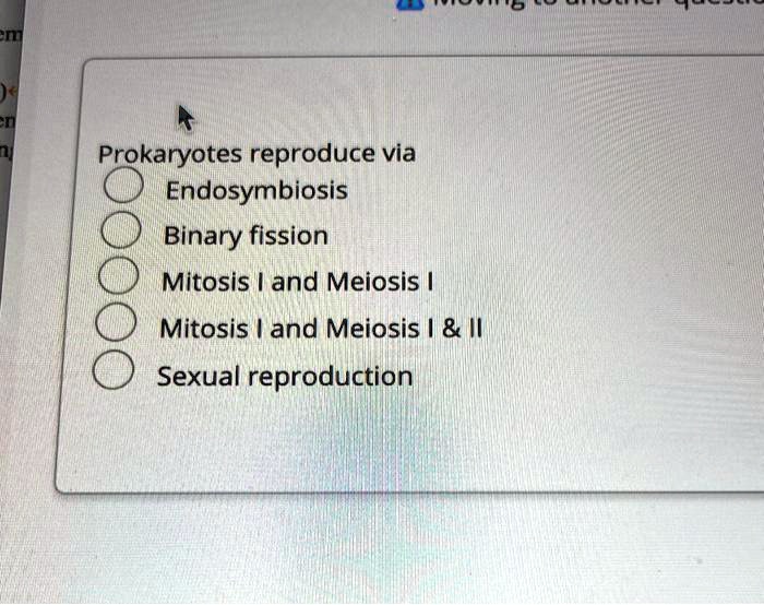 SOLVED: Prokaryotes reproduce via Endosymbiosis Binary fission Mitosis ...
