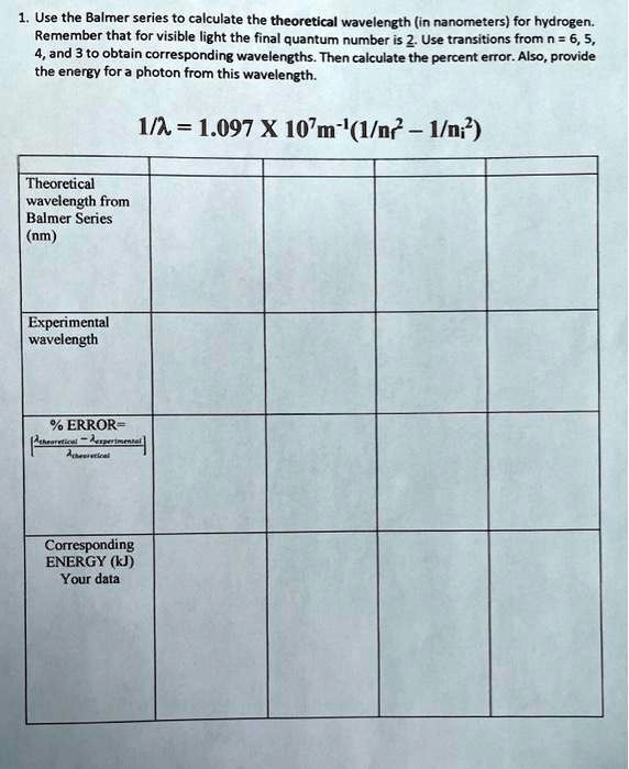 1. Use the Balmer series to calculate the theoretical wavelength (in ...