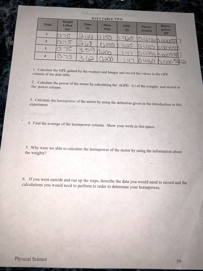 SOLVED: Arkansas Scholastic Press DATA TABLE TWO Calculate the GPE gained by the washers and ...