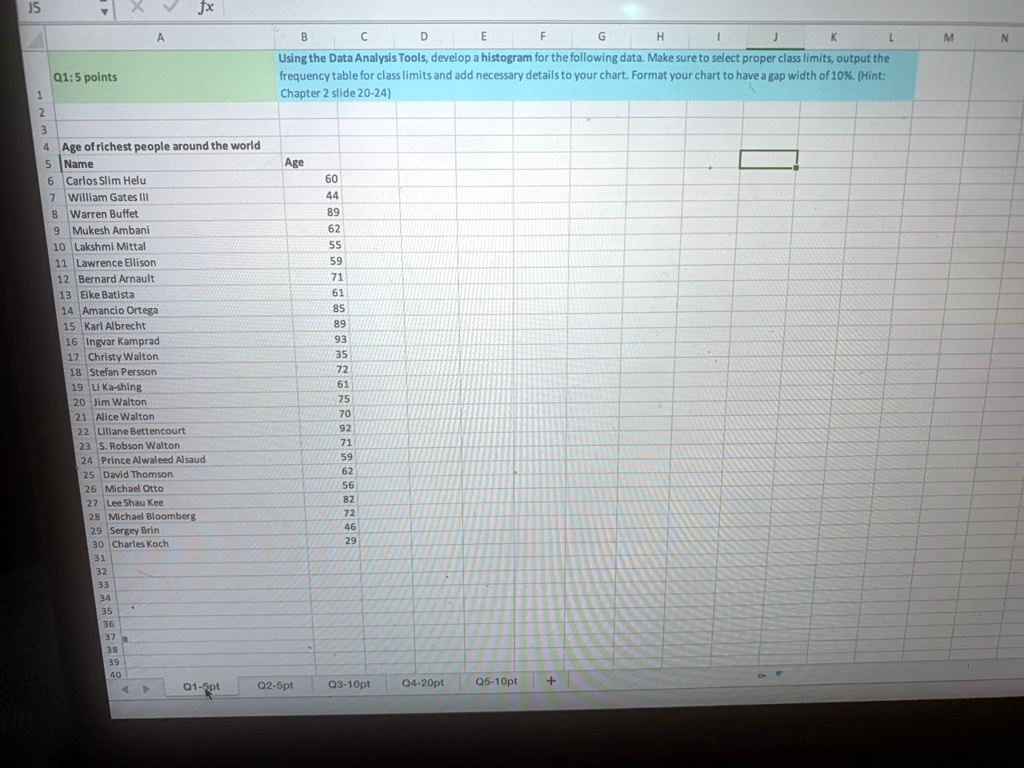 SOLVED: Using the Data Analysis Tools; develop a histogram for the ...