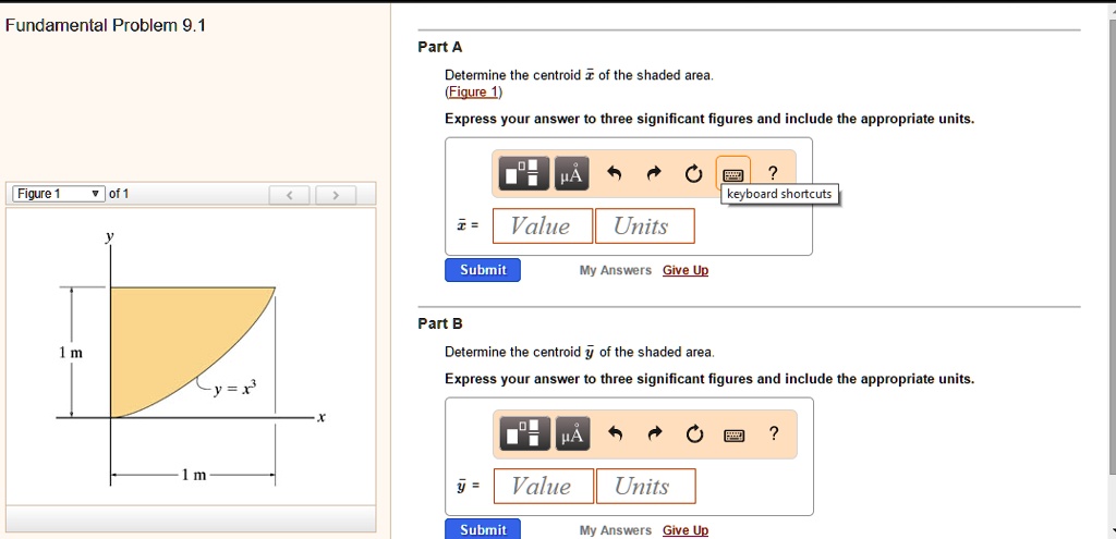 Fundamental Problem 9.1 Part A Determine the centroid x̅ of the shaded area. (Figure 1) Express ...