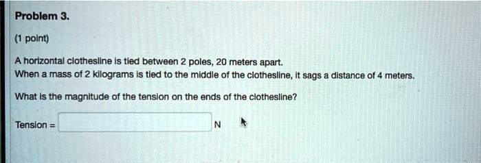 SOLVED: Problem 3. Point) A horizontal clothesline is tied between 2 ...
