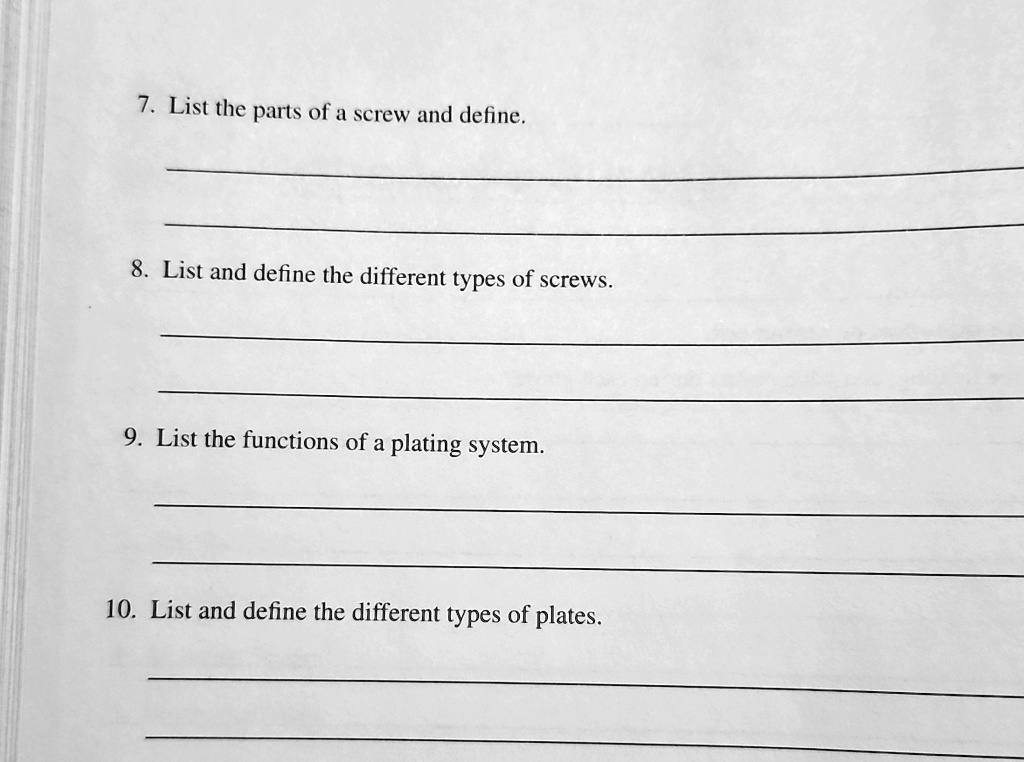 list the parts of a screw and define list and define the different ...