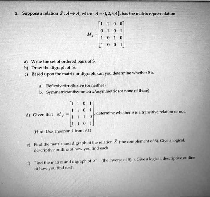 SOLVED: Suppose a relation S: A - + 4, where A =1,2,3,4,has the matrix ...