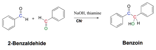 NaOH, thiamine CN- 2-Benzaldehyde Benzoin