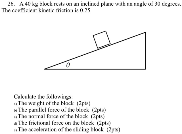 26 a 40 kg block rests on an inclined plane with an angle of 30 degrees the coefficient kinetic ...
