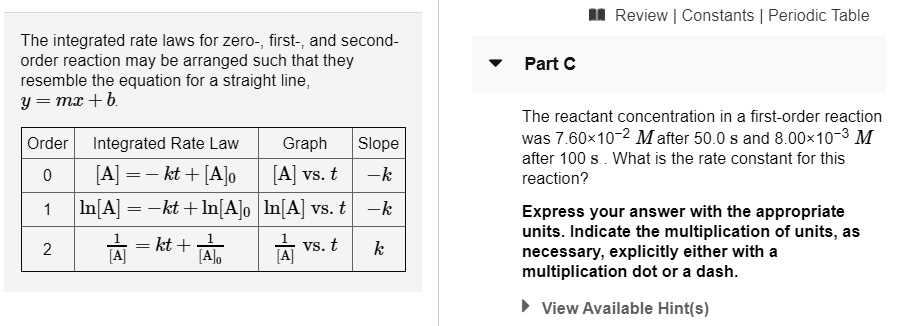 SOLVED: Review Constants Periodic Table The integrated rate laws for zero-, first-, and second ...