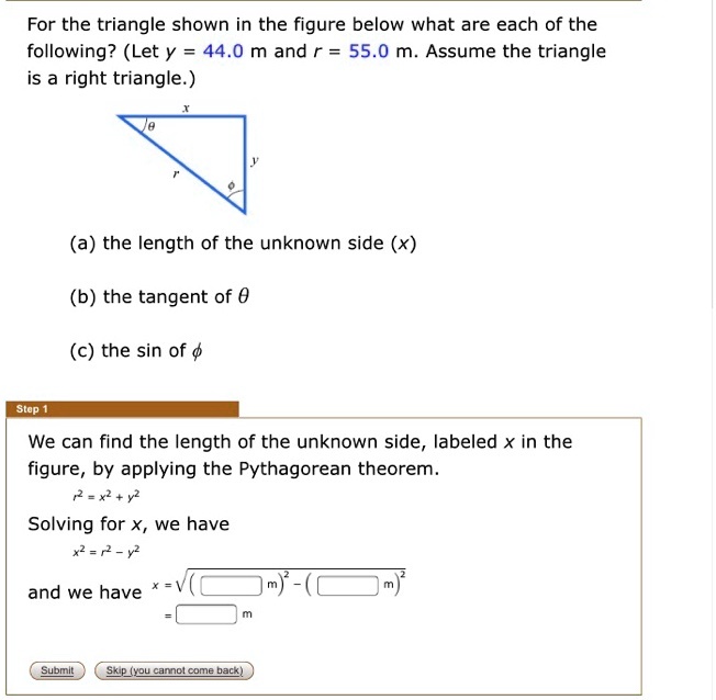 SOLVED: For the triangle shown in the figure below what are each of the following? (Let y = 44.0 ...