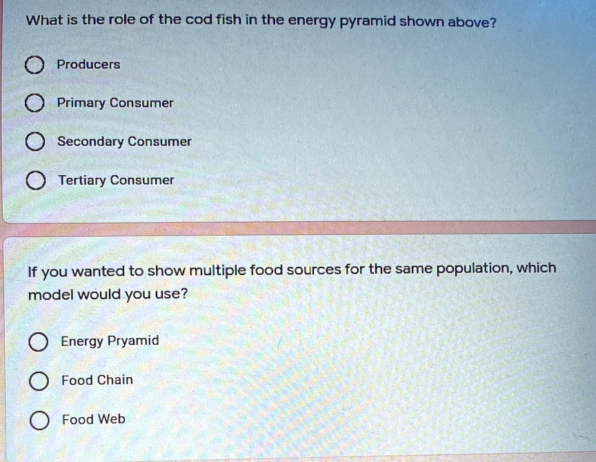 SOLVED: What is the role of the cod fish in the energy pyramid shown ...