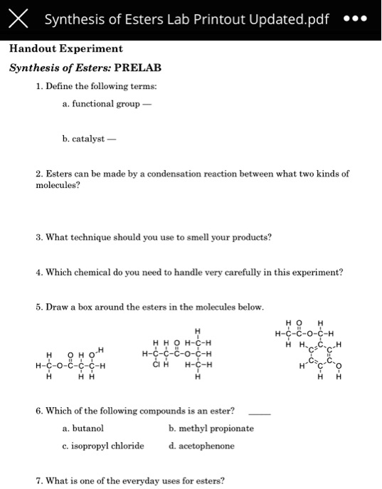 SOLVED: Handout Experiment: Synthesis of Esters - PRELAB Define the ... SOLVED: Handout Experiment: Synthesis of Esters - PRELAB Define the ...