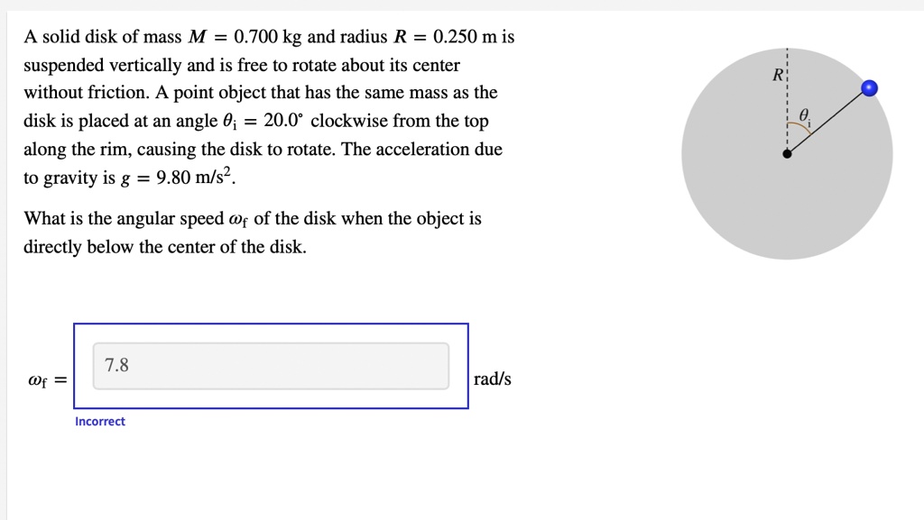 SOLVED: A solid disk of mass M = 0.700 kg and radius R = 0.250 m is suspended vertically and is ...