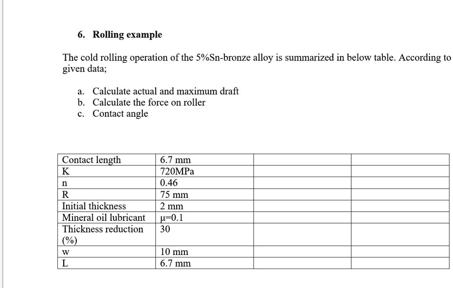 SOLVED: Rolling Example The cold rolling operation of the 5% Sn-bronze ...