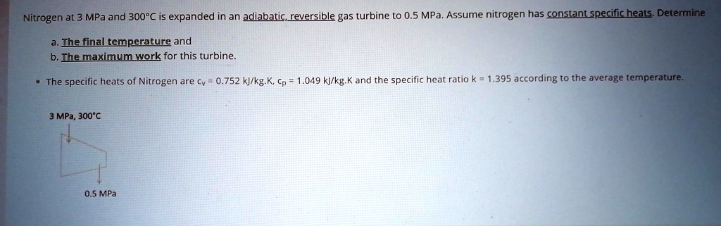SOLVED: Thermodynamics Nitrogen at 3 MPa and 300Â°C is expanded in an ...