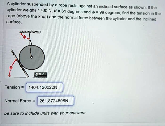 A cylinder suspended by a rope rests against an inclined...