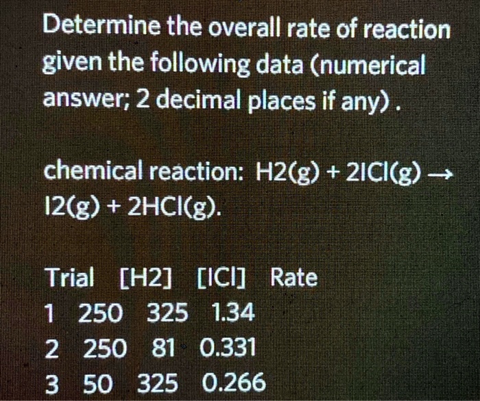 Determine the overall rate of reaction given the following data ...