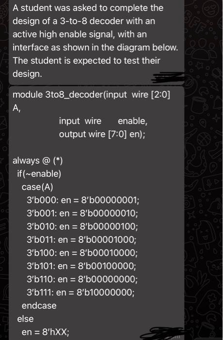 A student was asked to complete the design of a 3-to-8 decoder with an ...