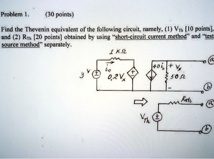 SOLVED: Problem 1. (30 points) Find the Thevenin equivalent of the following circuit, namely, 1 ...
