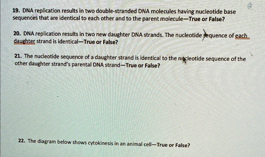 DNA replication results in two double-stranded DNA molecules having nucleotide base sequences ...