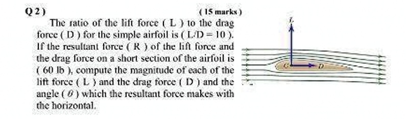 SOLVED: Q2) (15 marks) The ratio of the lift force L to the drag force ...