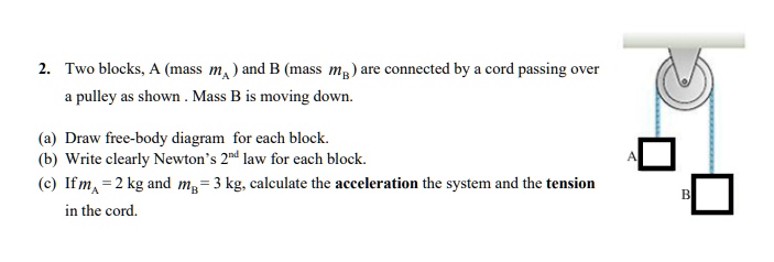 SOLVED: Two blocks; (mass m) and B (mass mB) are connected by a cord passing over a pulley. Mass ...