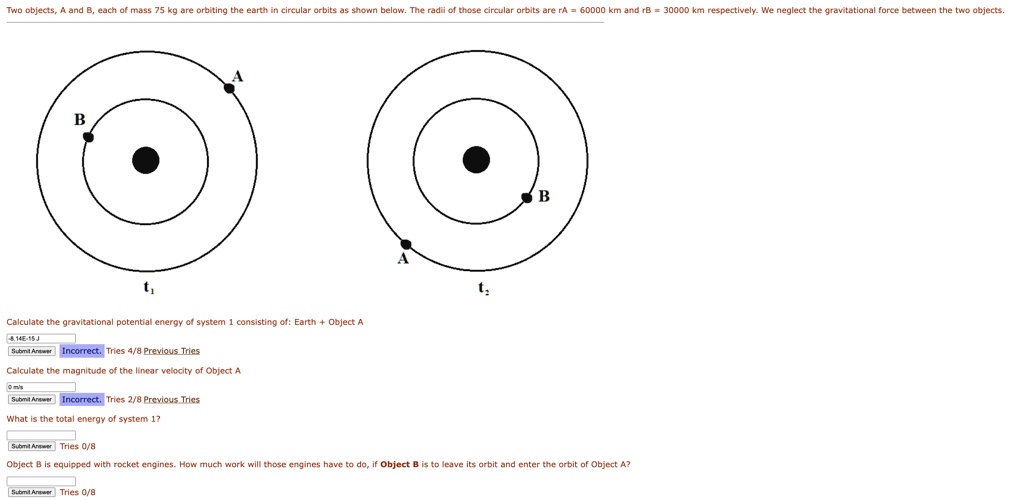 Solved Two Objects A And B Each Of Mass 75 Kg Are Orbiting The