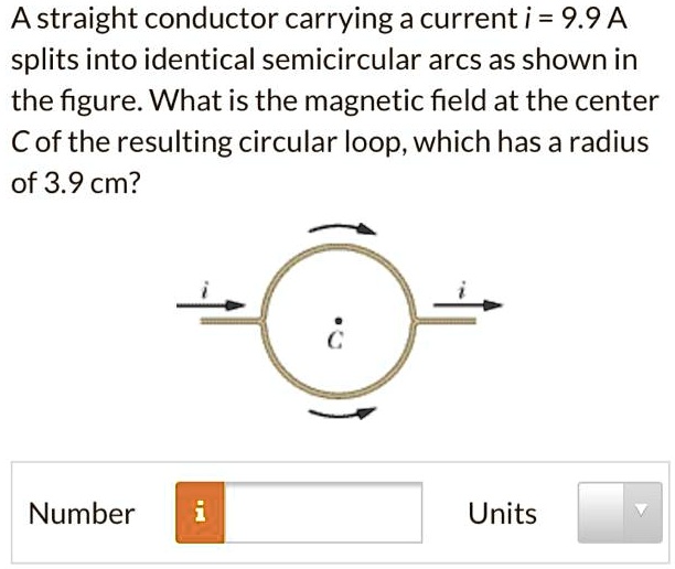 A straight conductor carrying a current i = 9.9 A splits into identical ...
