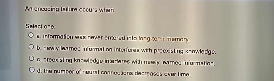 SOLVED: An encoding failure occurs when Select one: a. information was never entered into long ...