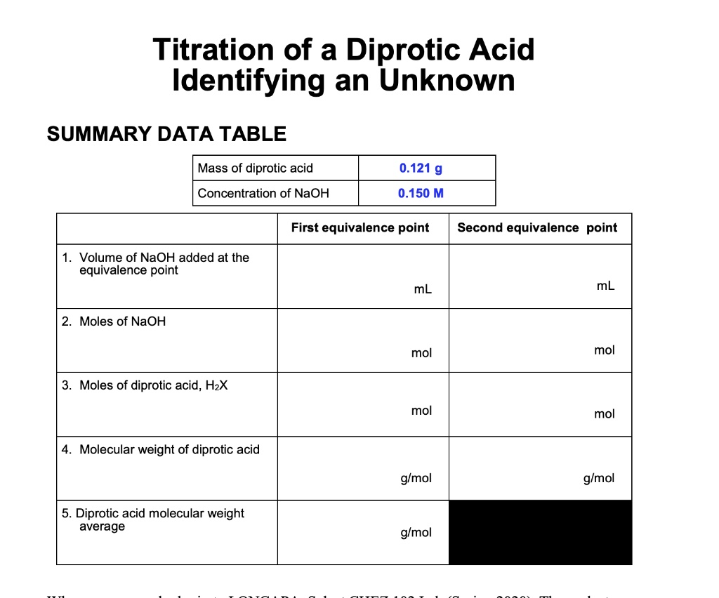 SOLVED: Titration of a Diprotic Acid: Identifying an Unknown SUMMARY ...