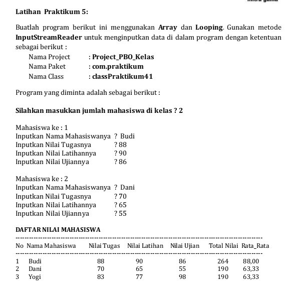 Latihan Praktikum 5: Buatlah program berikut ini menggunakan Array dan Looping. Gunakan metode ...