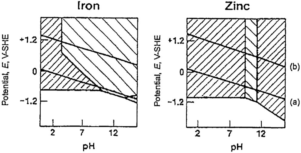 The figure shows the potential-pH diagram for iron and zinc. By ...