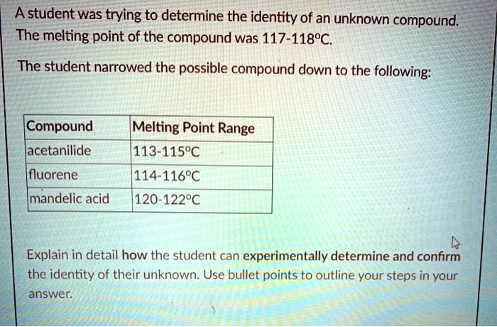 A student was trying to determine the identity of an unknown compound ...