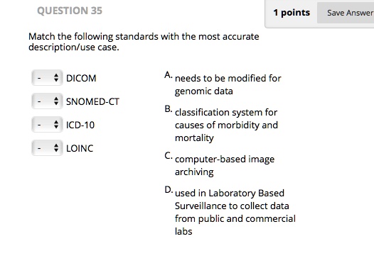 QUESTION 35 Match the following standards with the most accurate ...