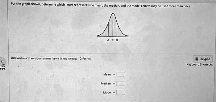 For the graph shown, determine which letter represents the mean, the ...