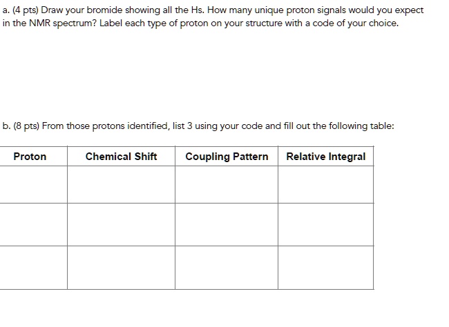 SOLVED: (4 pts) Draw your bromide showing all the Hs. How many unique proton signals would you ...