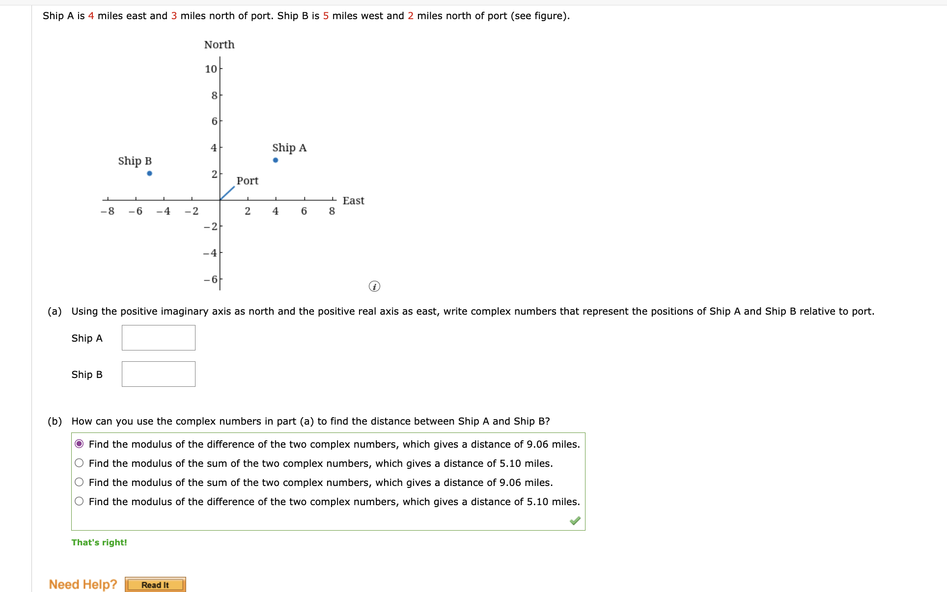 SOLVED: Ship A is 4 miles east and 3 miles north of port. Ship B is 5 ...