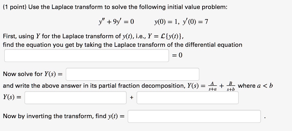 SOLVED: point) Use the Laplace transform to solve the following initial value problem: J' + 9y ...