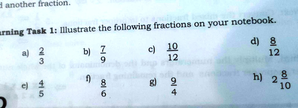SOLVED: 'Learning task 1:illustrate the following fractions on your notebook 1 another fraction ...