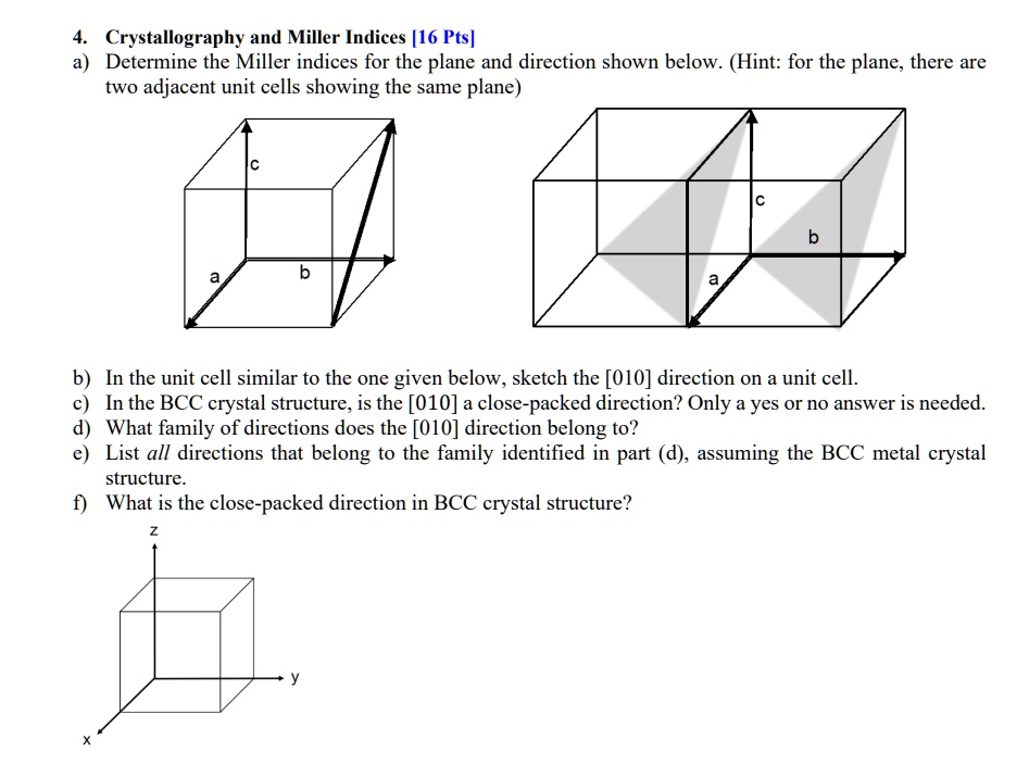 SOLVED: 4. Crystallography and Miller Indices [16 Pts] a) Determine the Miller indices for the ...