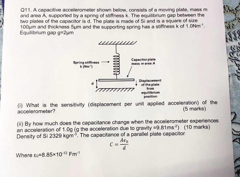 SOLVED: A capacitive accelerometer shown below consists of a moving plate, mass m, and area A ...