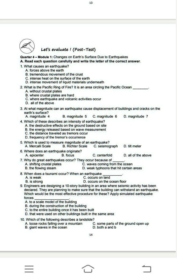 13 Let's evaluate! (Post-Test) Quarter 4 - Module 1: Changes on Earth's ...