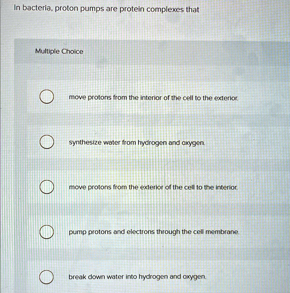In bacteria, proton pumps are protein complexes that Multiple Choice ...