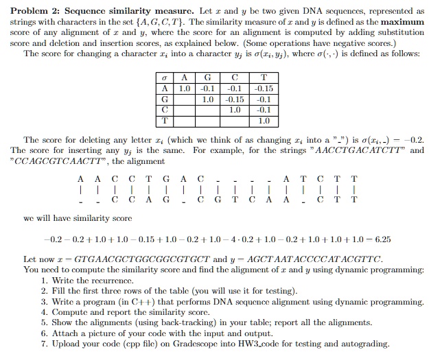 SOLVED: Problem 2: Sequence similarity measure. Let and y be two given DNA sequences ...