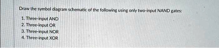 SOLVED: USING 2 INPUT NAND GATES Draw the symbol diagram schematic of ...