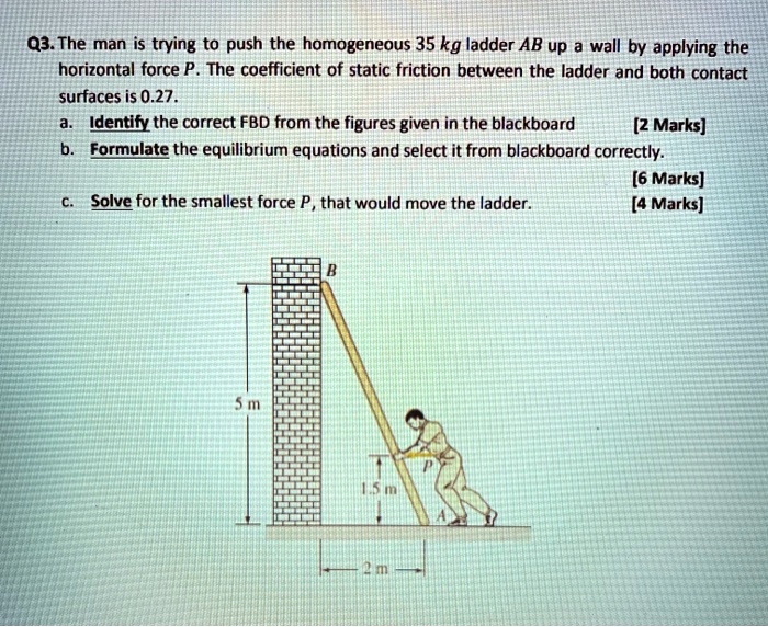 SOLVED: Q3. The man is trying to push the homogeneous 35 kg ladder AB ...